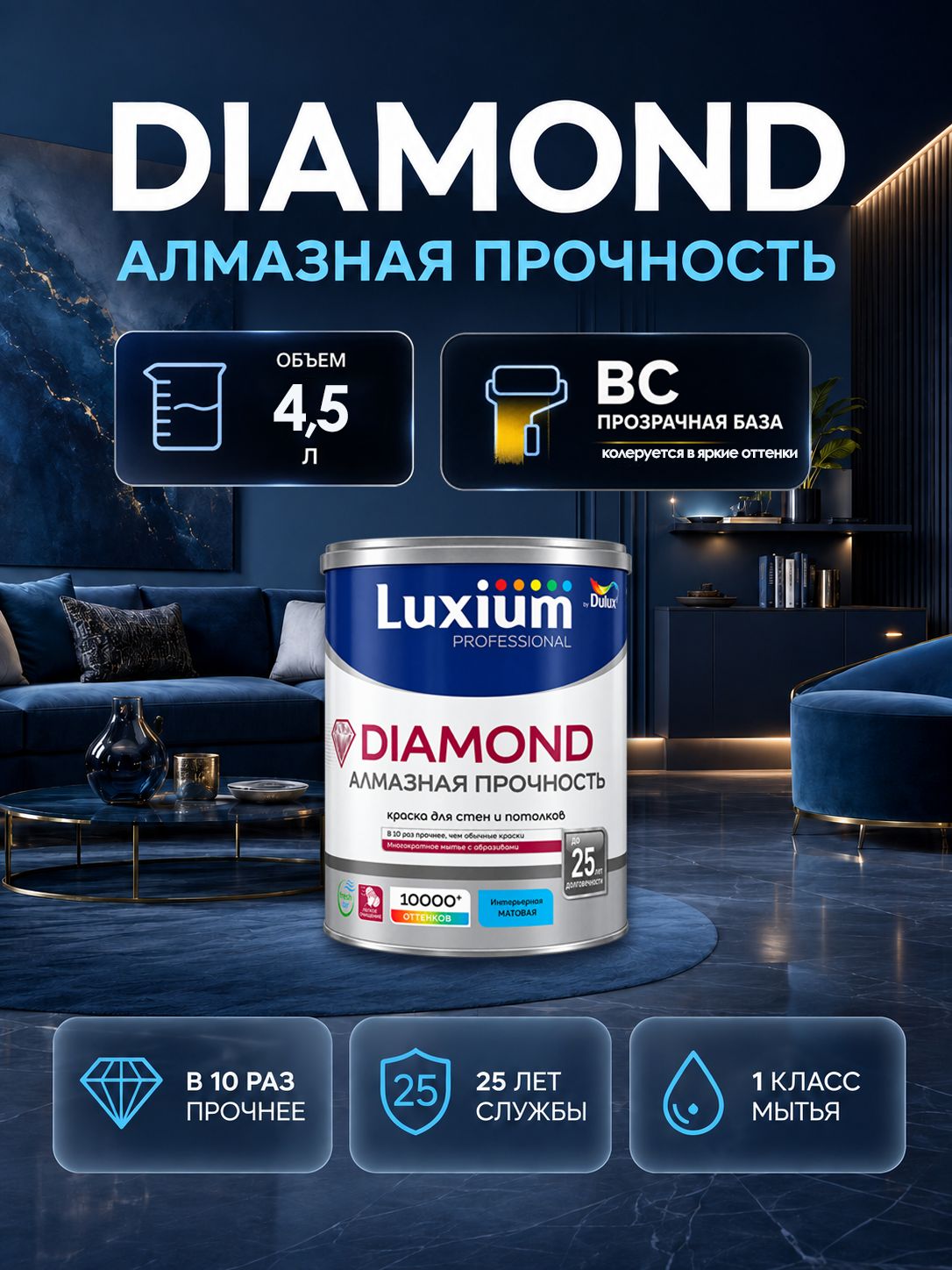 Краска на водной основе для стен и потолков LUXIUM (DULUX) Diamond Matt "Алмазная прочность"матовая база BC 4,5 л. Цвет: Прозрачный