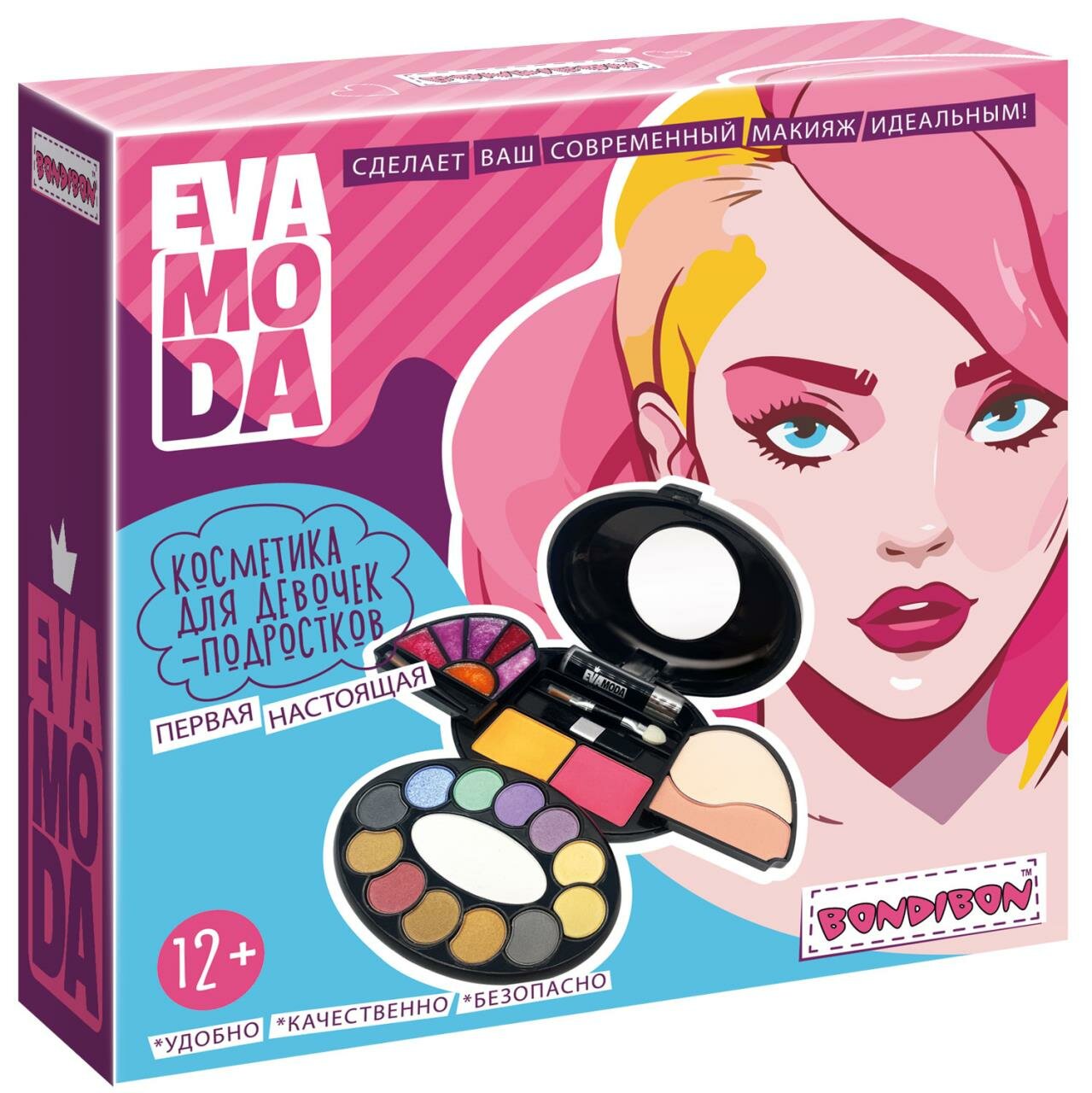 Набор декоративной косметики Bondibon Eva Moda, с зеркалом, 13 оттенков теней, 6 блесков, 2 румян и пудры