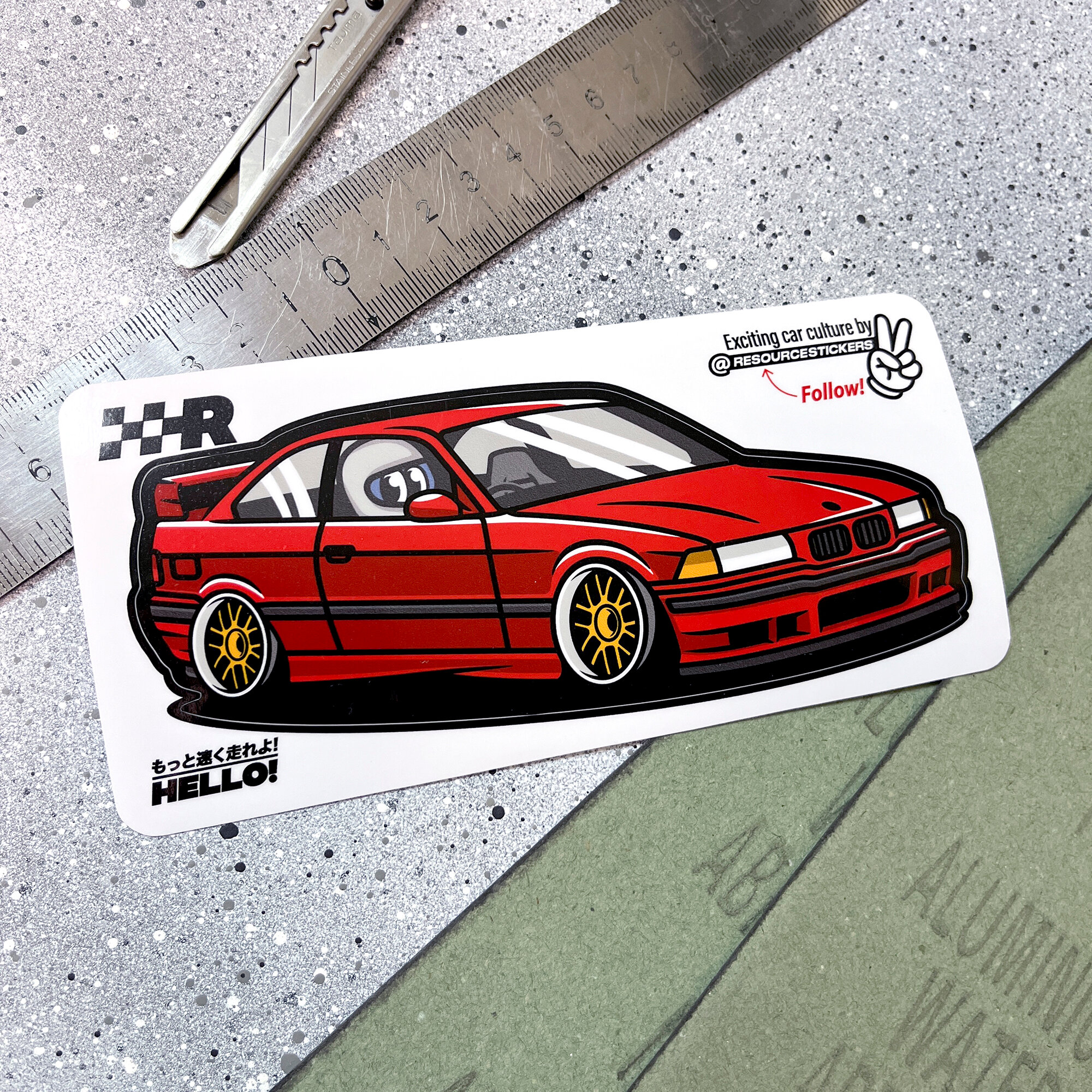 Виниловая наклейка машинка BMW E36 красная 14.5х6