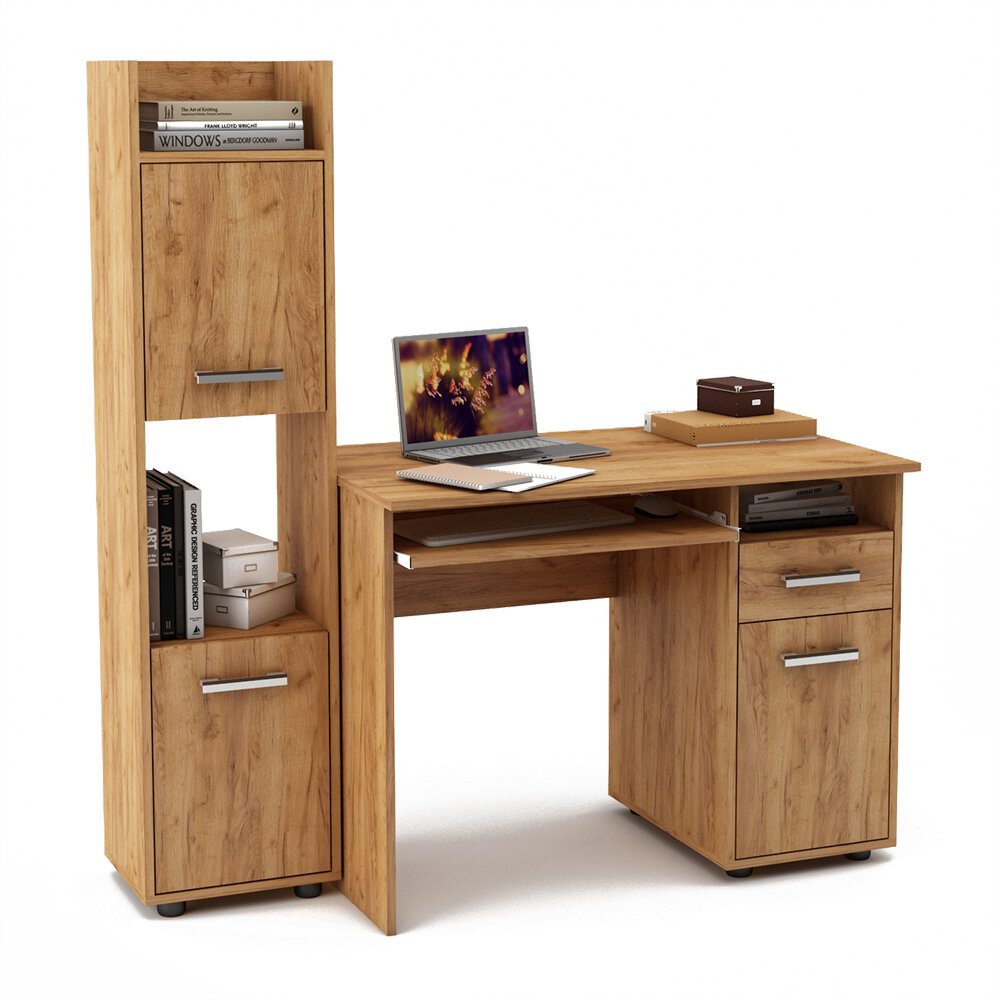 Стол письменный, компьютерный и стеллаж №1КО с тумбой и полкой для клавиатуры, 145.3х135х60 см, Дуб золотистый