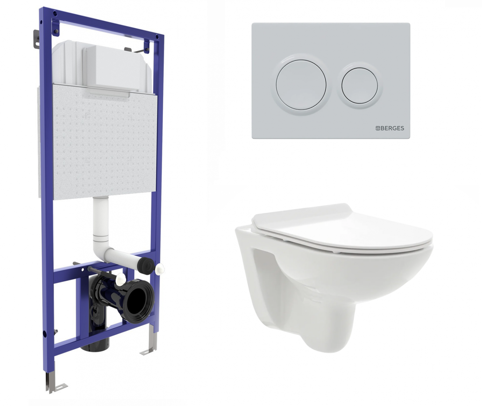 Комплект 3 в 1 инсталляция Berges Novum O4 + Подвесной унитаз AQUAme AQM2008 с кнопкой белой