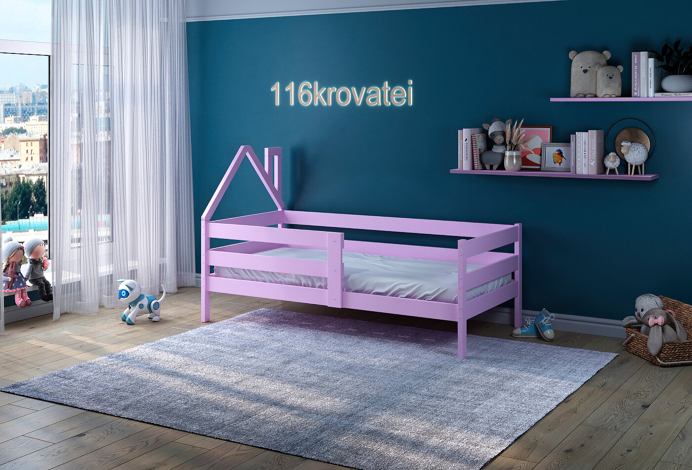 Детская кровать софа 180*90 с плоской крышей-домиком и бортиками розовая