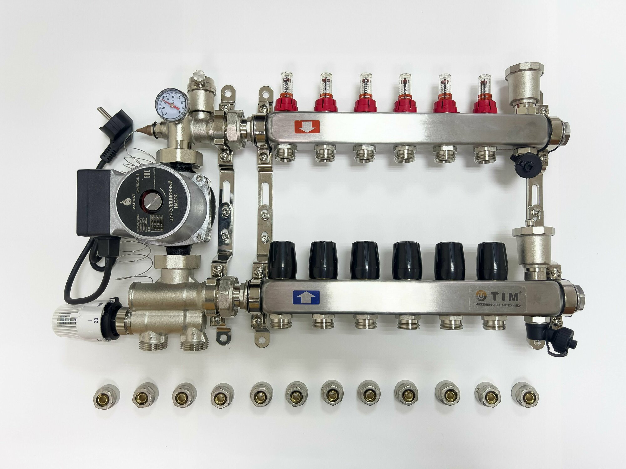 Комплект для водяного теплого пола: коллектор 6 выходов с расходомерами+смесительный узел+насос+евроконусы (до 80 м2)