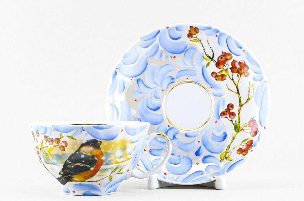 Пара чайная фарфоровая 275 мл. Дулево "Иней" ф. Белый лебедь