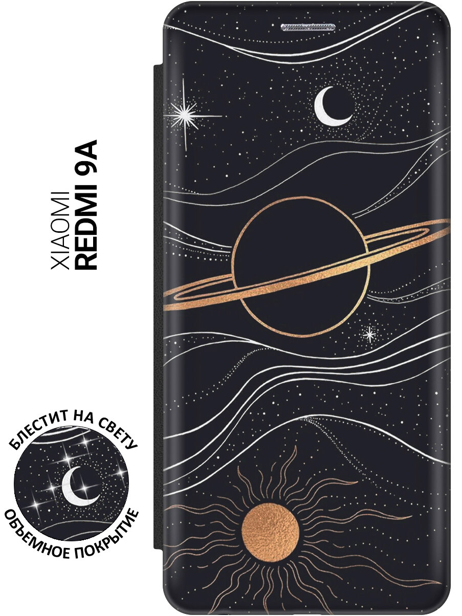 Чехол-книжка на Xiaomi Redmi 9A / Сяоми Редми 9А с рисунком "Сатурн, солнце и звезды" черный