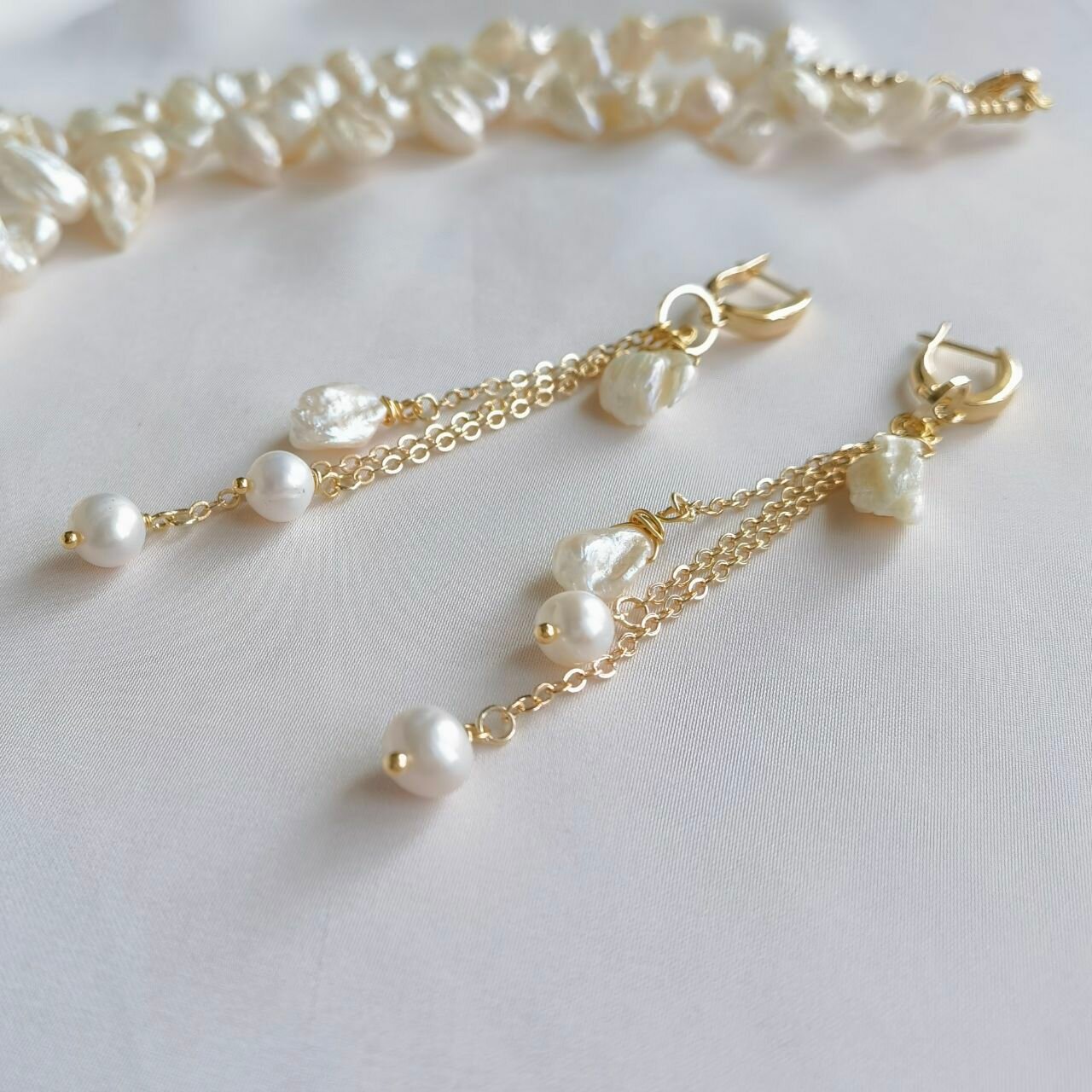 Серьги цепочки Камни Елены, жемчуг культивированный