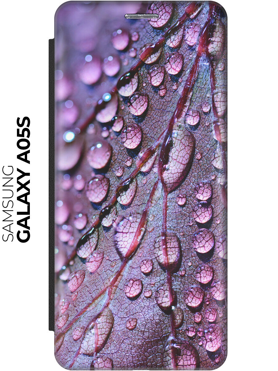 Чехол-книжка на Samsung Galaxy A05s / Самсунг А05с с рисунком "Лист в каплях" черный