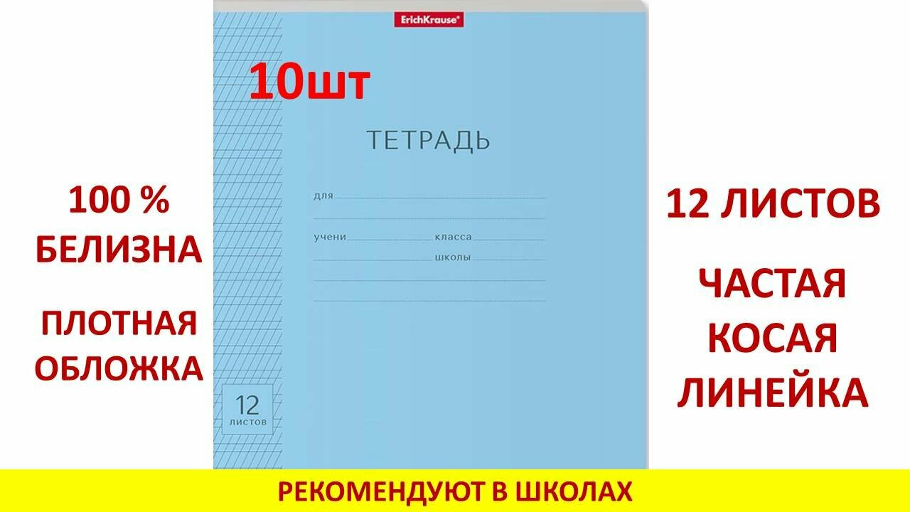 Тетрадь школьная ученическая ErichKrause Классика 12 листов, частая косая линейка упаковка 10шт