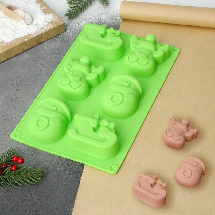 Форма силиконовая для выпечки Новый год , 27 17 3 см, 6 ячеек (8 7 3 см), цвет зелёный, 1 шт.