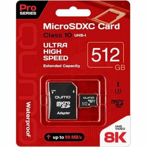 Карта памяти microSDXC Qumo QM512GMICSDXC10U3 512 Гб класс 10 UHS-I (U3) - 90*80 МБ/с UHD Video 8K - с адаптером SD
