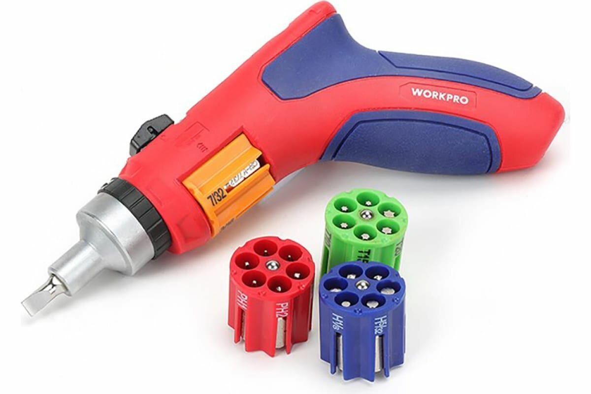 Реверсивная пистолетная отвертка WORKPRO с храповым механизмом и автоматической сменой бит 24 насадки WP221048