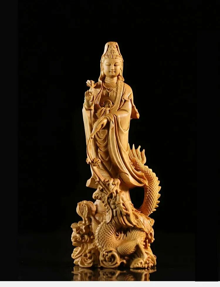 Деревянная Статуя Бодхисаттвы Гуаньинь с Драконом, Ручная Резьба из Премиального Дерева