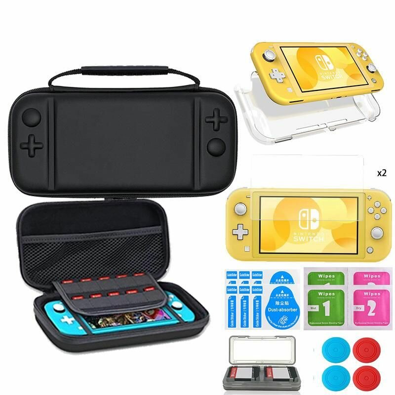 В комплект аксессуаров для игровой консоли Switch lite входят сумка хранения, кронштейн, защитная оболочка, закаленная пленка
