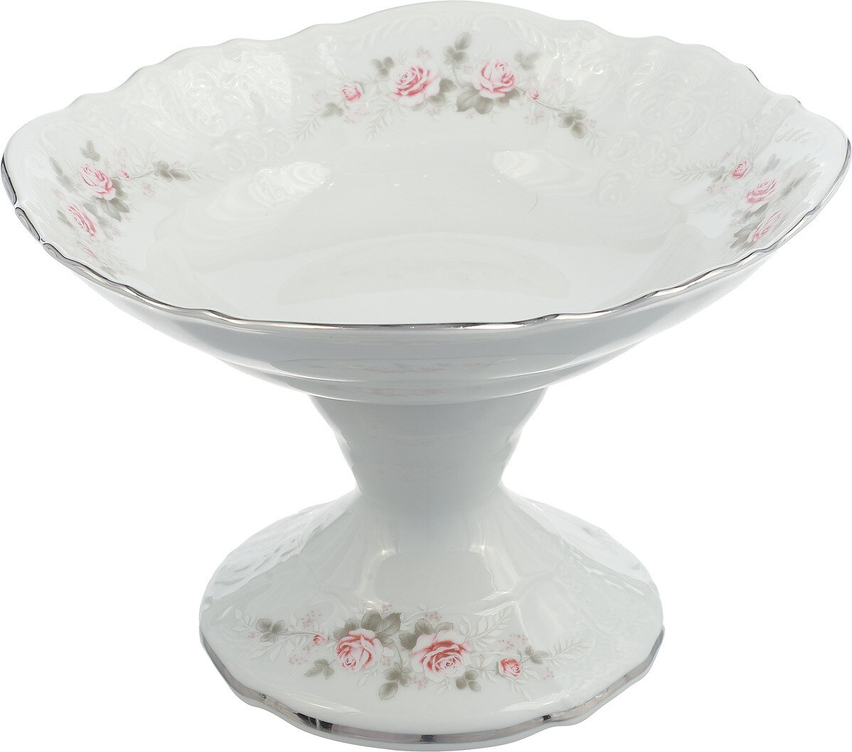 Салатник на ножке 16 см; "Bernadotte", декор "Бледные розы, отводка платина", Thun/ БТФ1422