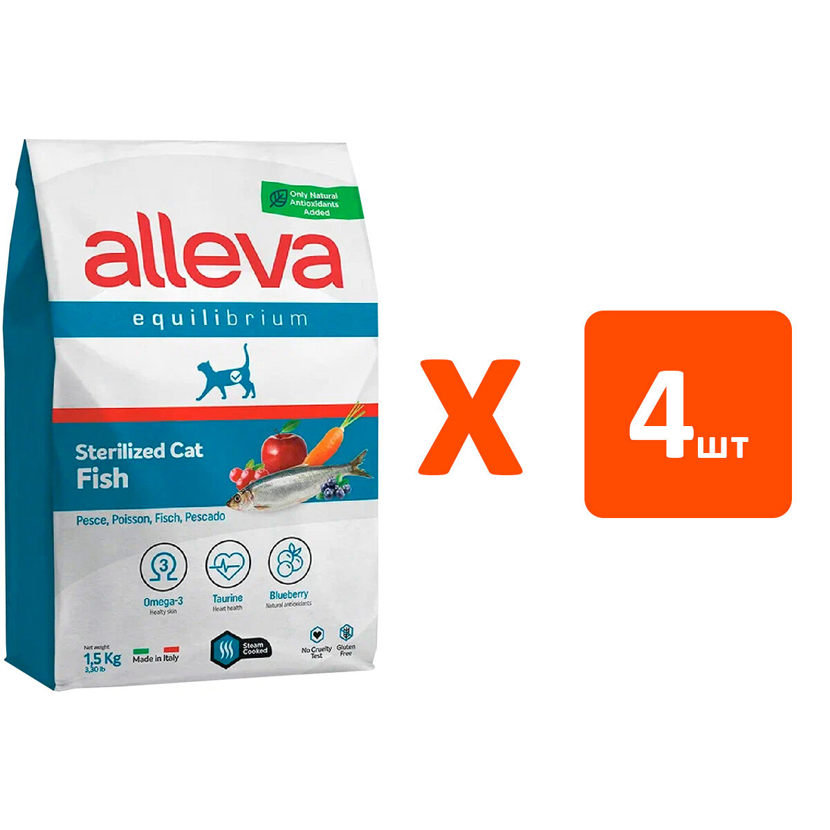 ALLEVA EQUILIBRIUM ADULT CAT STERILIZED FISH для взрослых кастрированных котов и стерилизованных кошек с рыбой (1,5 кг х 4 шт)