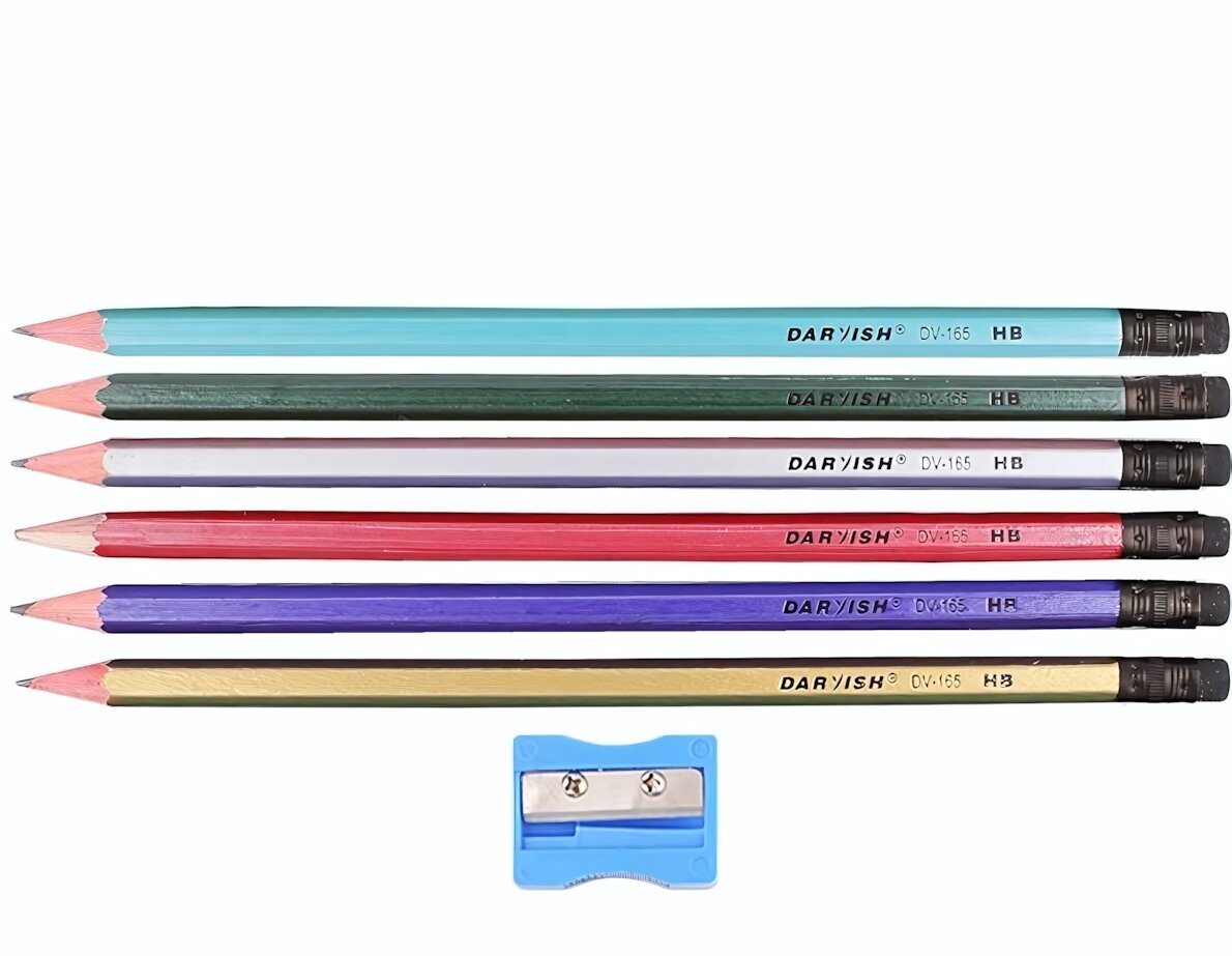 Набор чернографитных карандашей Darvish "DV-165", 12 штук, твердость HB, с ластиком, шестигранный разноцветный корпус