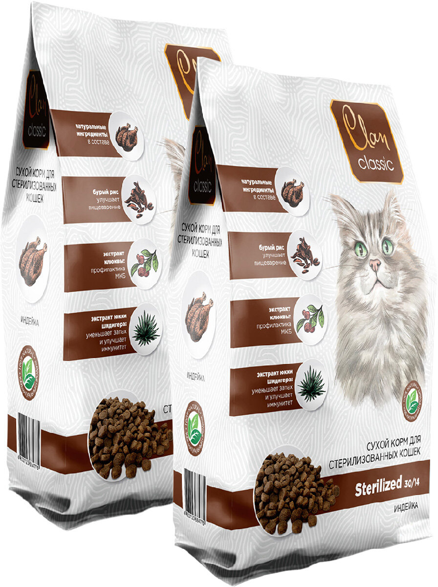Корм сухой CLAN CLASSIC STERILIZED 30/14 для взрослых кастрированных котов и стерилизованных кошек с индейкой (3 + 3 кг)