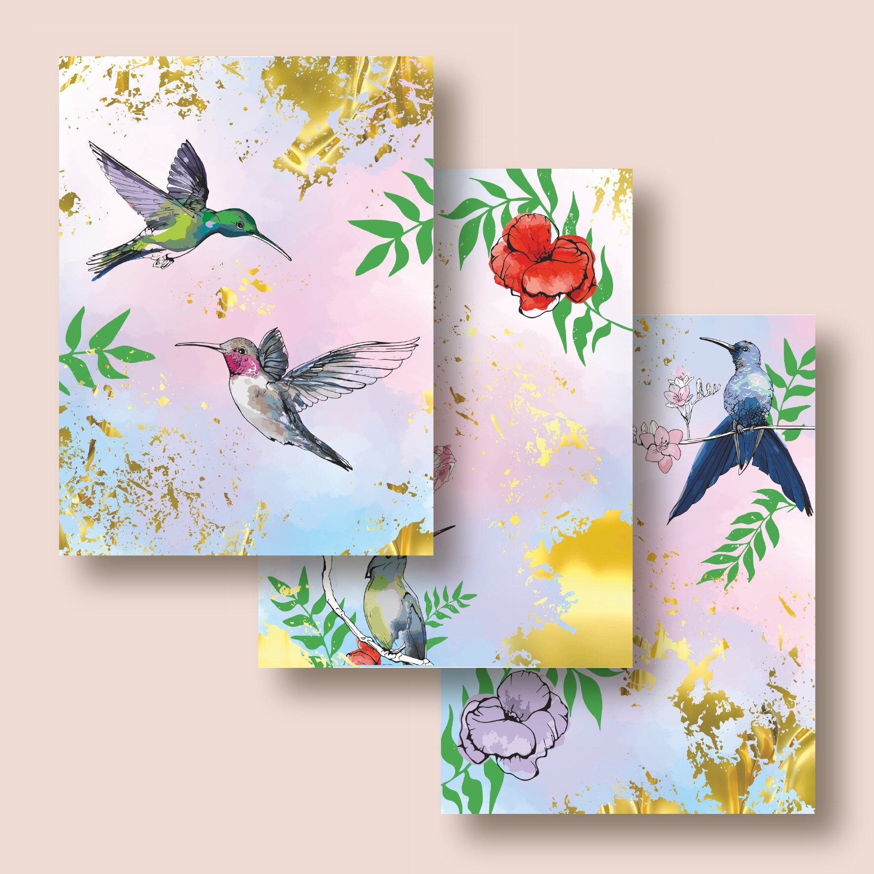 Постеры интерьерные золотые (3 штуки, 30х40 см). Картины /декор для дома / интерьерный коллаж. Колибри