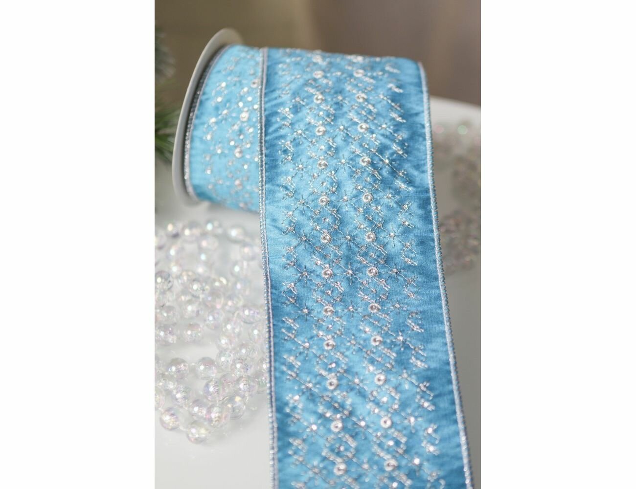 Декоративная лента CIELO FREDDO снежинки, 500х10 см, Kaemingk 440041-2