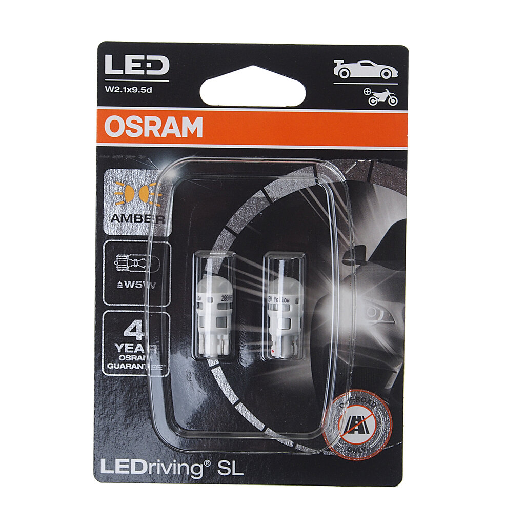 Лампа светодиодная 12V W5W T10W W2.1x9.5d бесцокольная блистер (2шт.) Yellow OSRAM