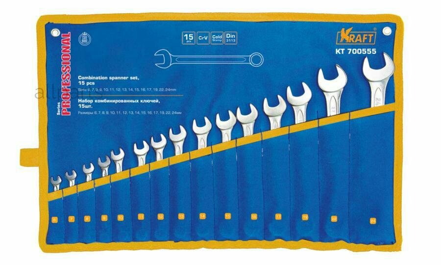 KRAFT KT 700555 Ключ комбинированный, набор 15 шт, 6 - 24 мм, сумка KRAFT KT 700555