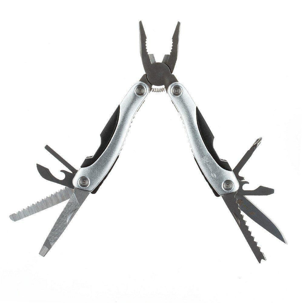 Мультитул Stinger, 104x45 мм, 15 функций, сталь/алюминий/пластик, серебристый, в нейлоновом чехле