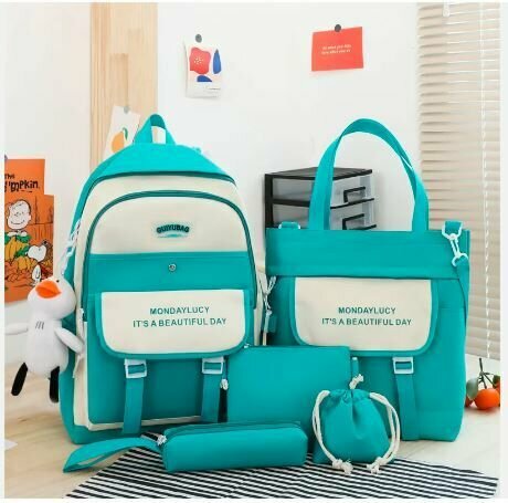 Набор школьный, бирюзовый, с рюкзаком, пеналом, сумкой для обуви, сумочкой, косметичкой, 6 предметов