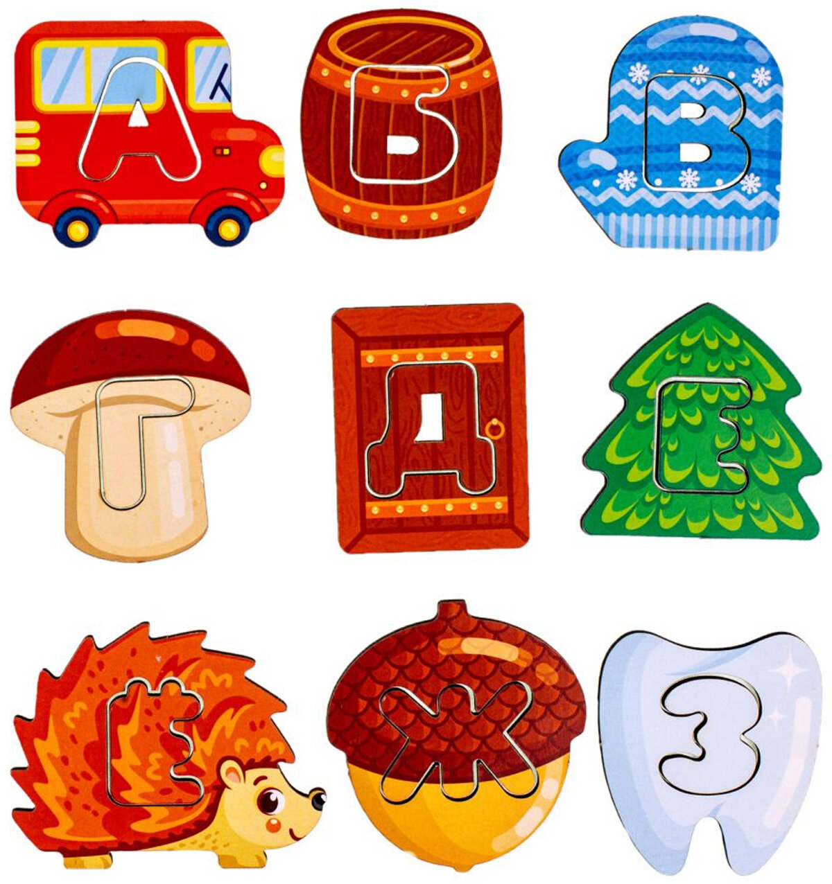 Обучающая игра "Азбука", сортер, трафареты для рисования, учим буквы русского алфавита, 66 деревянных деталей (вудлики в подарок)