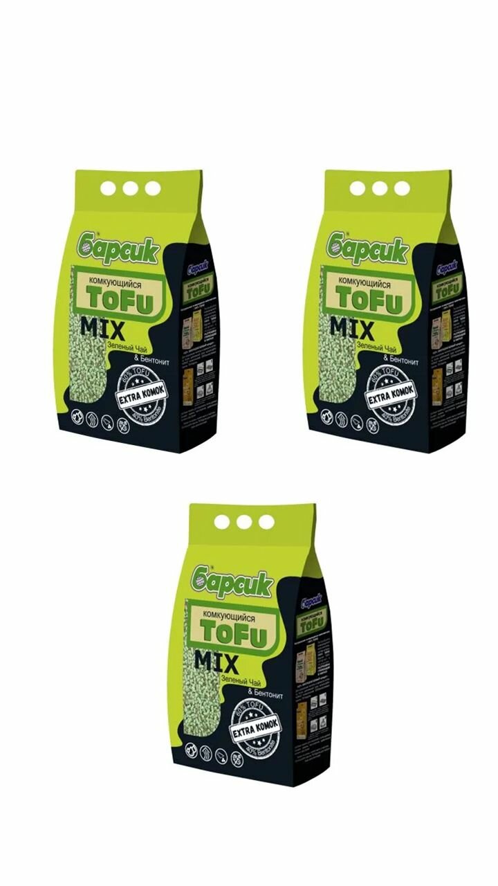 Барсик наполнитель для кошачьих туалетов Tofu Зеленый чай + Бентонит, 4,54 л 3 штуки