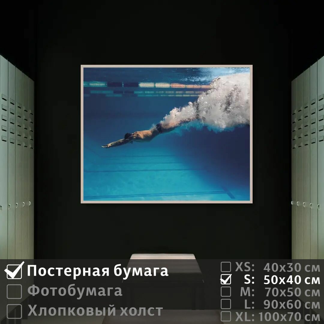 Постер на стену Пловец Плавает Под Водой В Бассейне 50х40 см ПолиЦентр