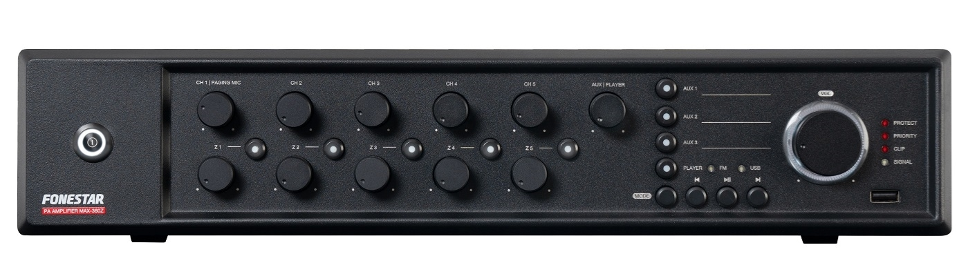 Fonestar MAX-360Z- Усилитель-микшер 360 Вт – 70/100 В, 4 Ом с приоритетом, встроенный плеер USB, FM-радио, зональные выходы