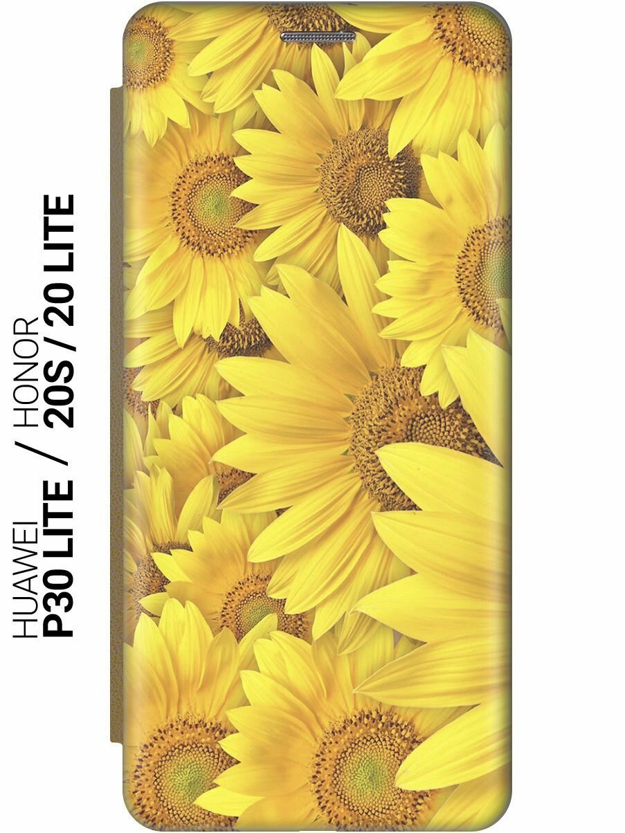 Чехол-книжка на Honor 20 Lite, 20s, Huawei P30 Lite, Хуавей П30 Лайт, Хонор 20 Лайт, 20s с 3D принтом "Море подсолнухов" золотой