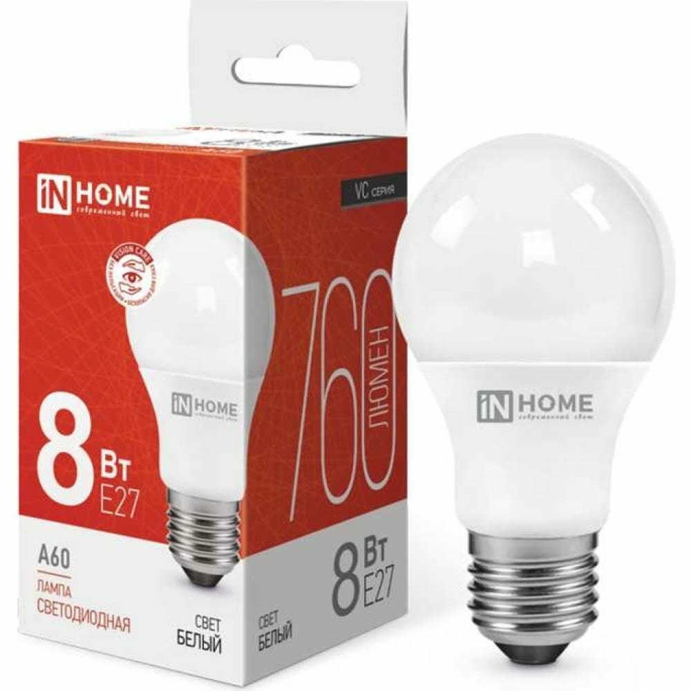 Светодиодная лампа IN HOME LED-A60-VC 8Вт 230В Е27 4000К 760Лм 4690612024028