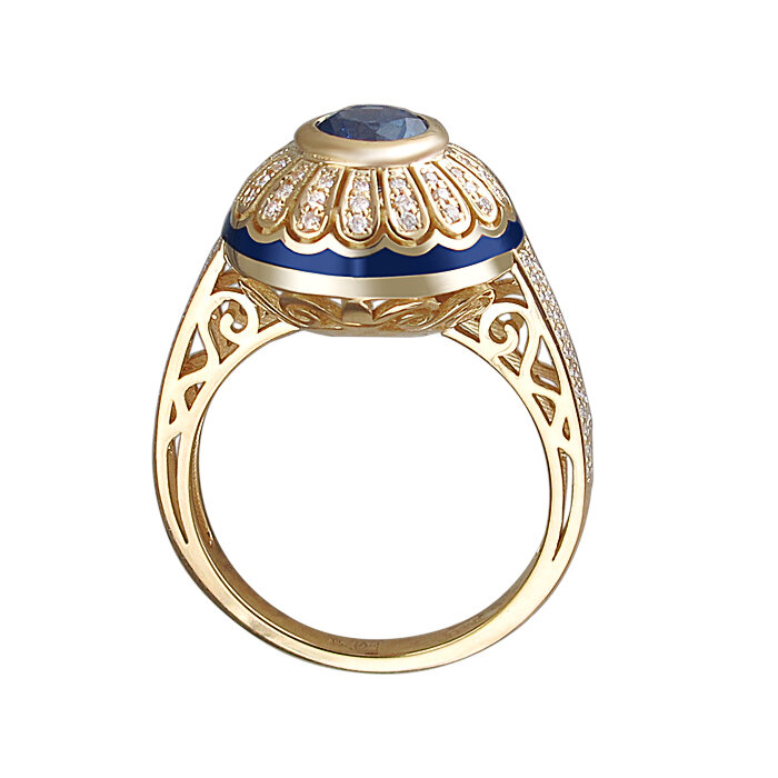 Кольцо, желтое золото, 750 проба, эмаль, бриллиант