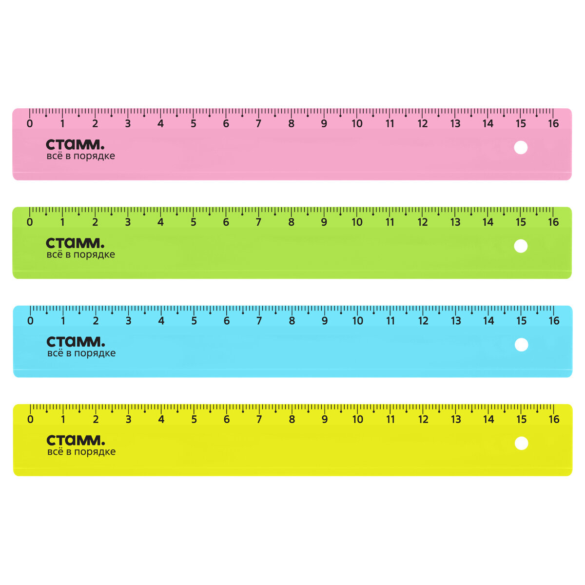 Комплект 240 шт, Линейка 16см СТАММ, пластиковая, прозрачная, неоновые цвета, ассорти