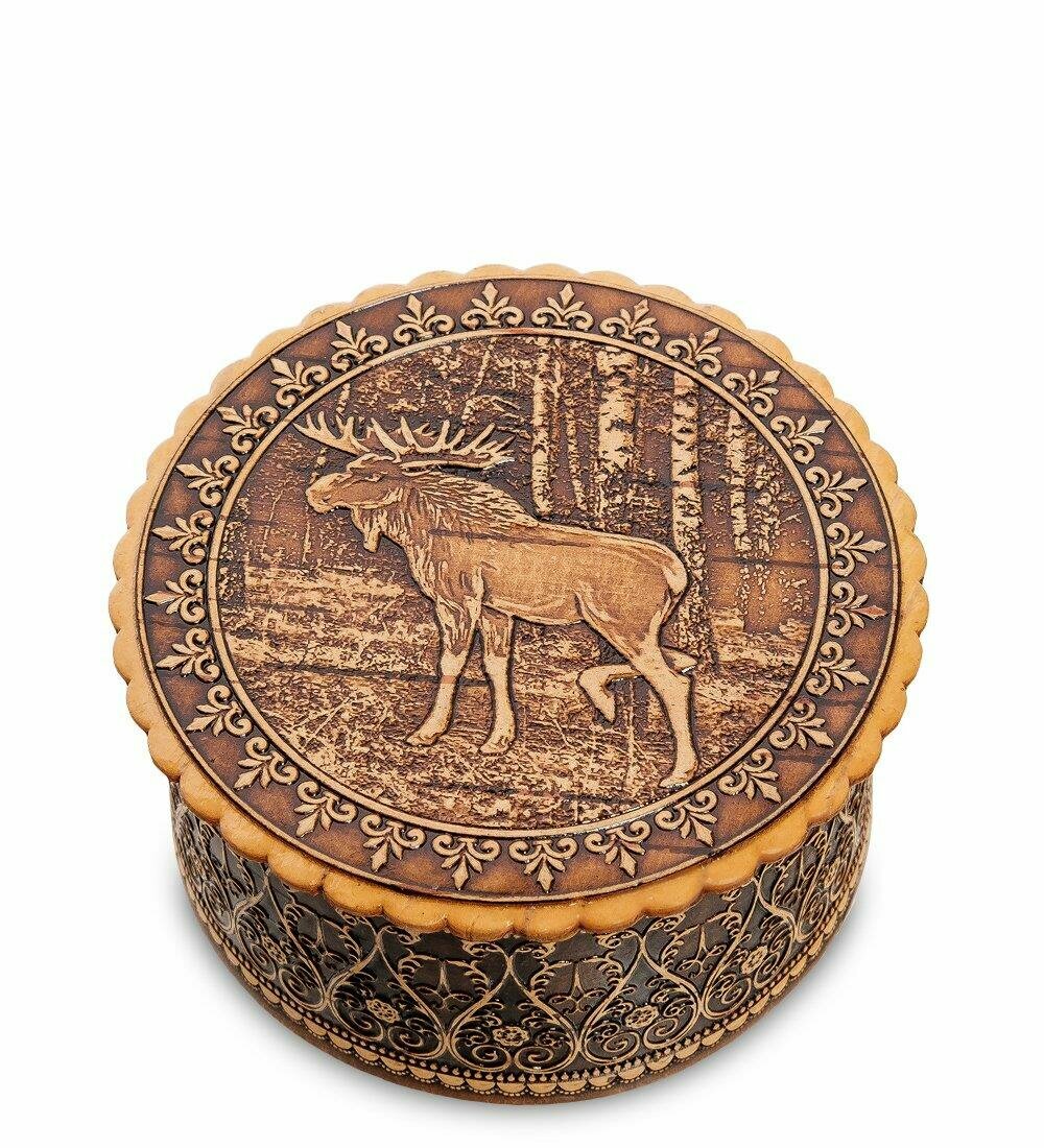 Шкатулка Лось круглая (береста) A2134339 Народные промыслы, Береста, Росссия