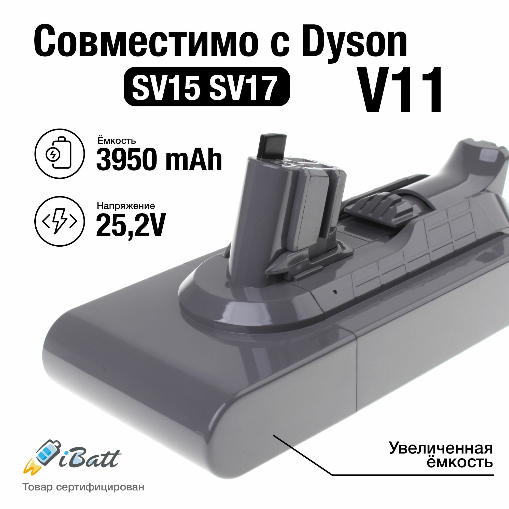 Аккумулятор iBatt 3950mAh 25.2V для пылесосов Dyson V11 с быстросъёмным креплением