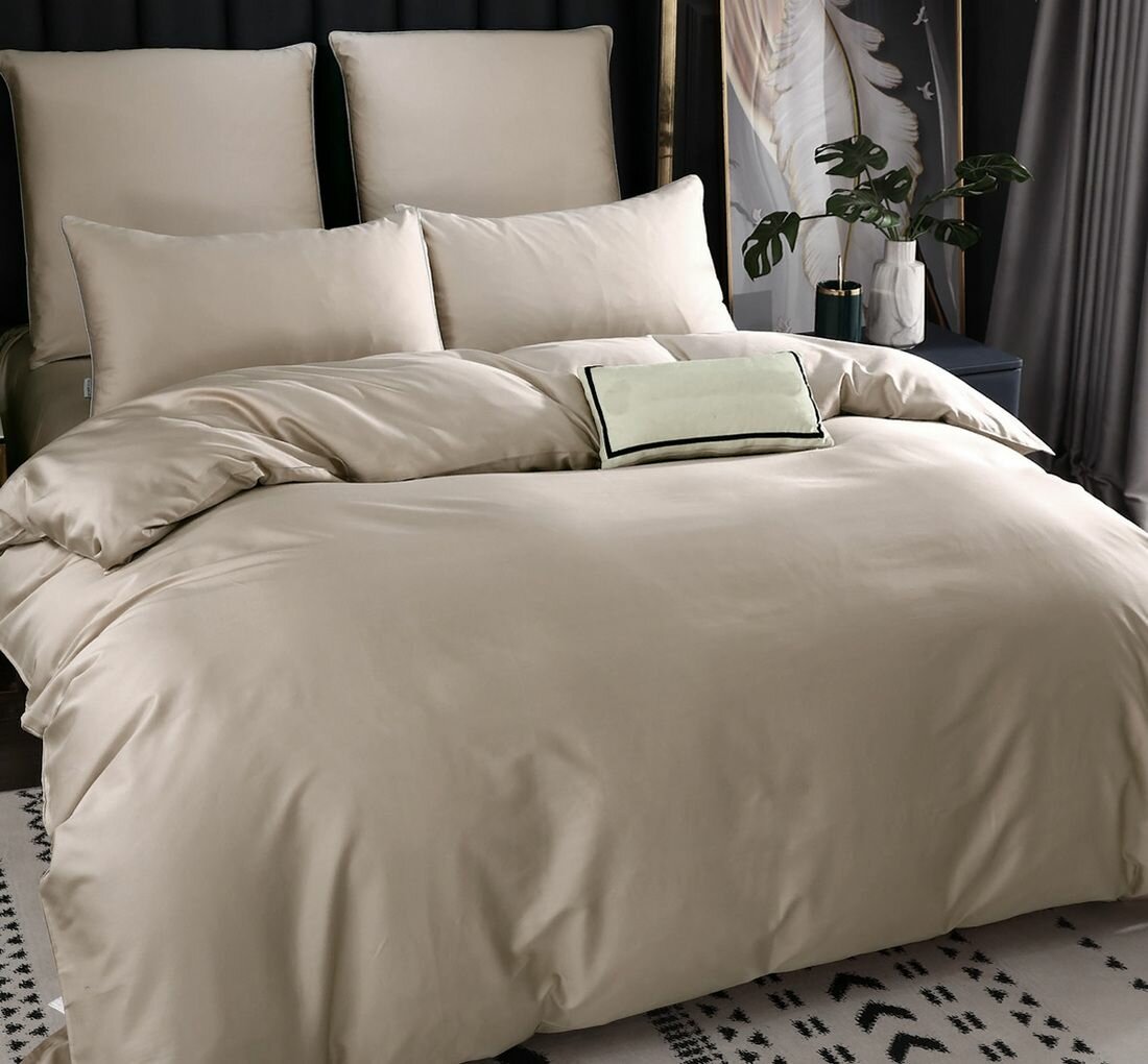 Постельное бельё тенсель 2 спальное на резинке 160х200х30 - "Бейж" с наволочками 50х70