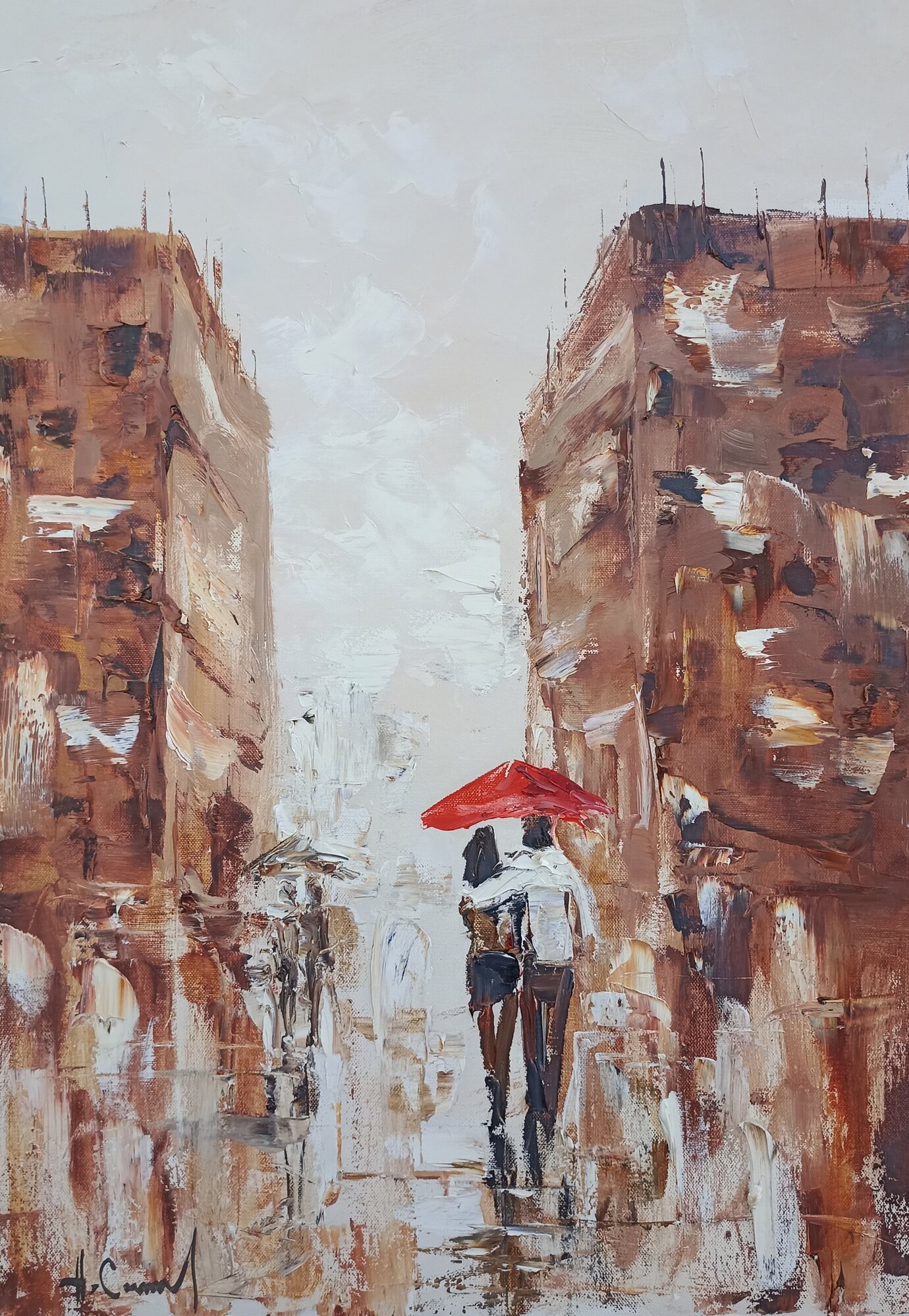 Картина масло/холст. 100% ручная работа, 100% живопись от Художественной мастерской Грёзы. Картина из серии "Люди". Импрессионизм. Городской пейзаж. Дождь. Парочка под зонтиком. Размер картины 50х70 см.