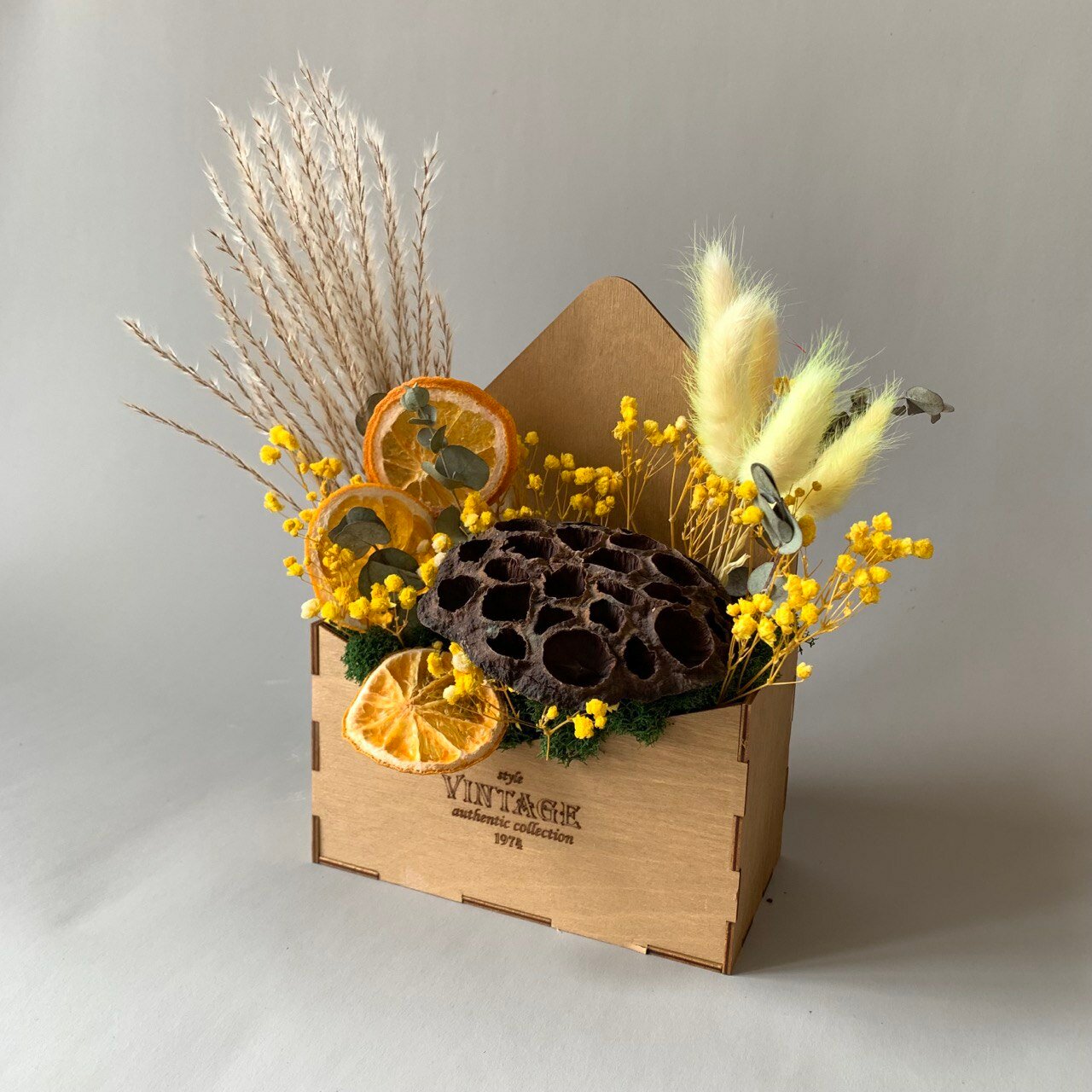 Интерьерная композиция Violette Flowers "Лимонный Щербет", сухоцветы, стабилизированные, 23 см