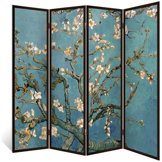 Ширма перегородка Декор Депо для комнаты деревянная "Цветение миндаля" двухсторонняя с картинкой (живопись) 4 створки венге 176х185 см 14 кг
