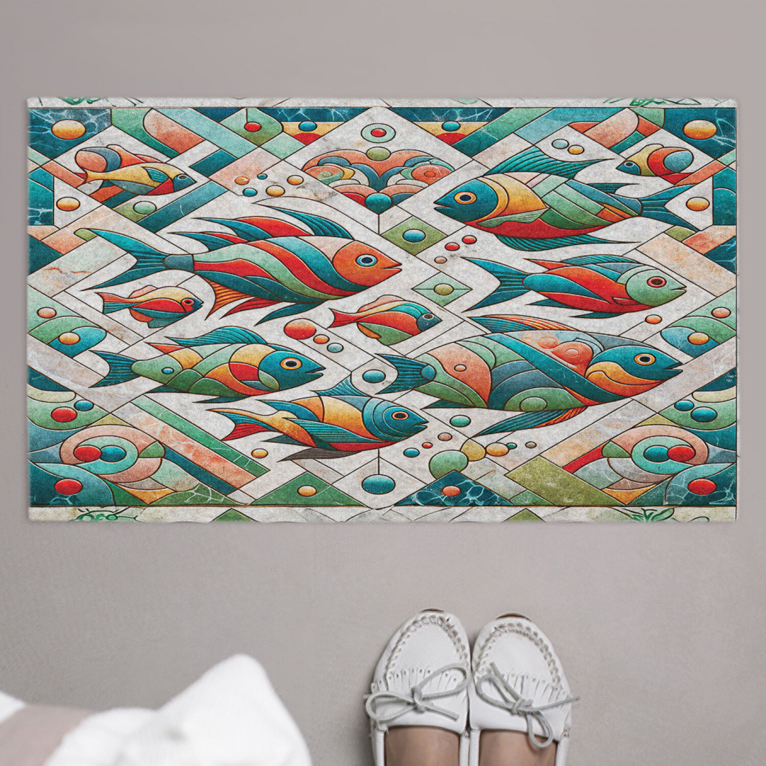 Коврик придверный в прихожую с принтом "Витраж рыб" 45 на 75 см , JoyArty