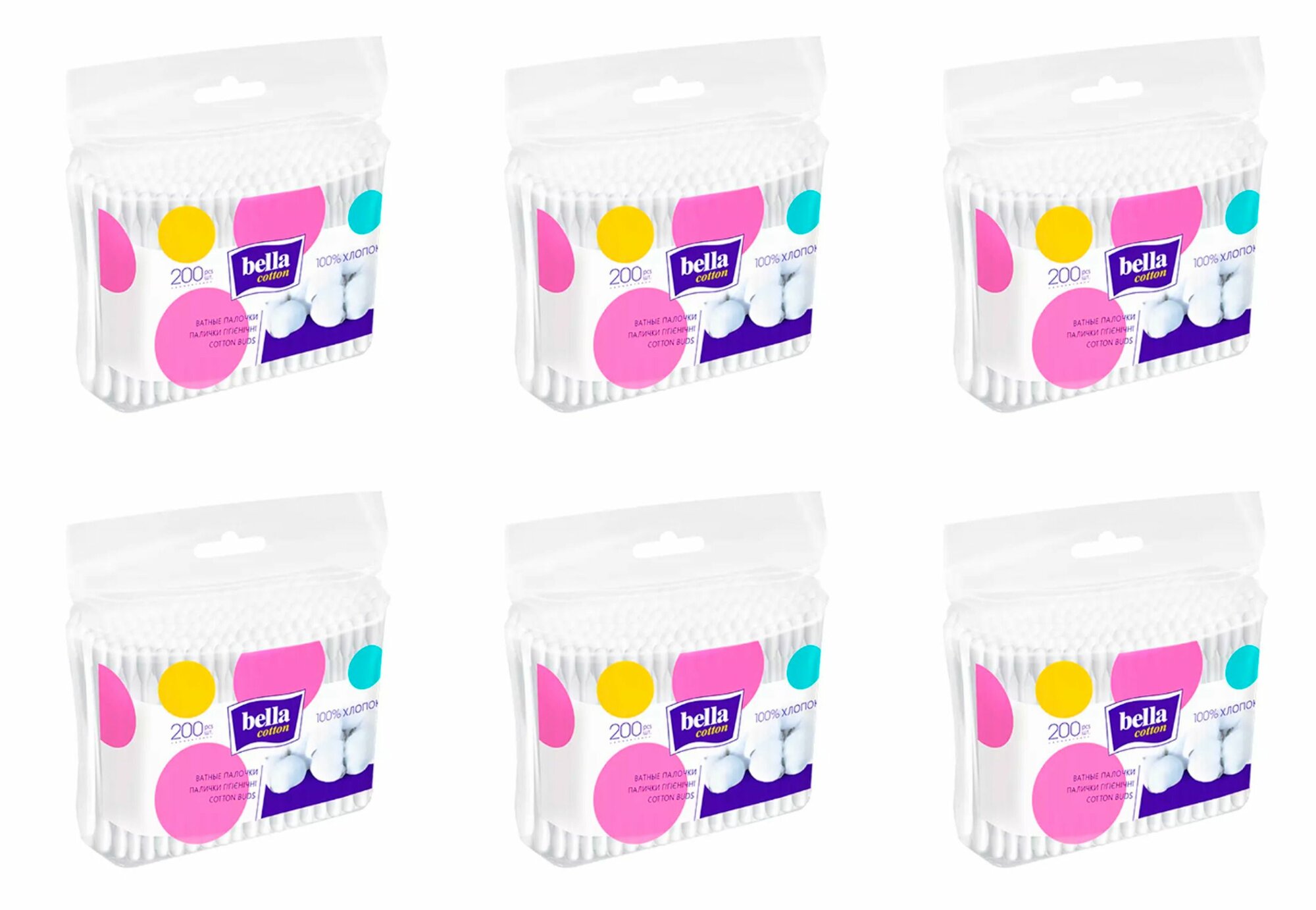 BELLA Ватные палочки, 200 шт, 6 уп