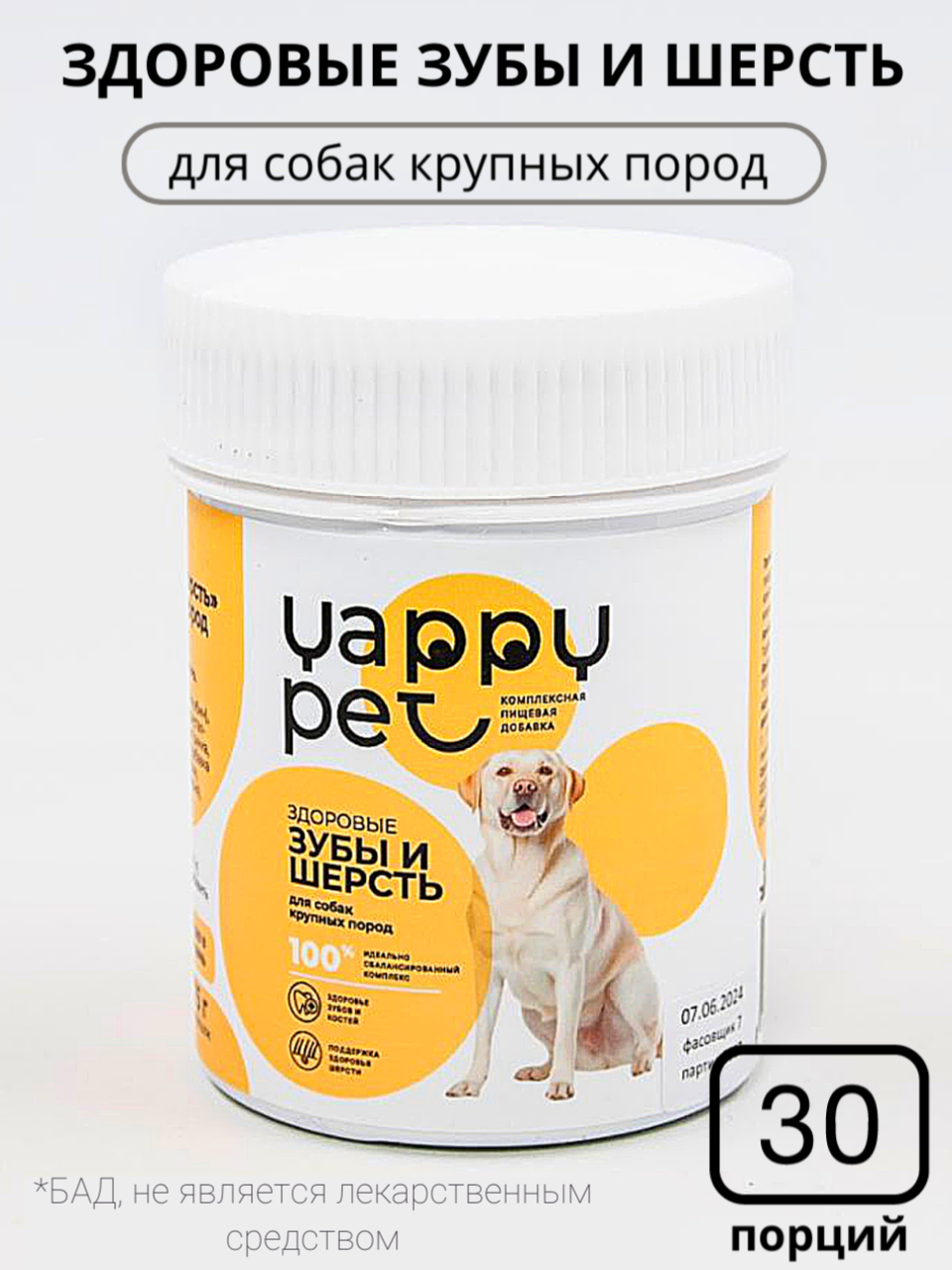 Здоровые зубы и шерсть БАД Yappy Pet для собак крупных пород, 75 г