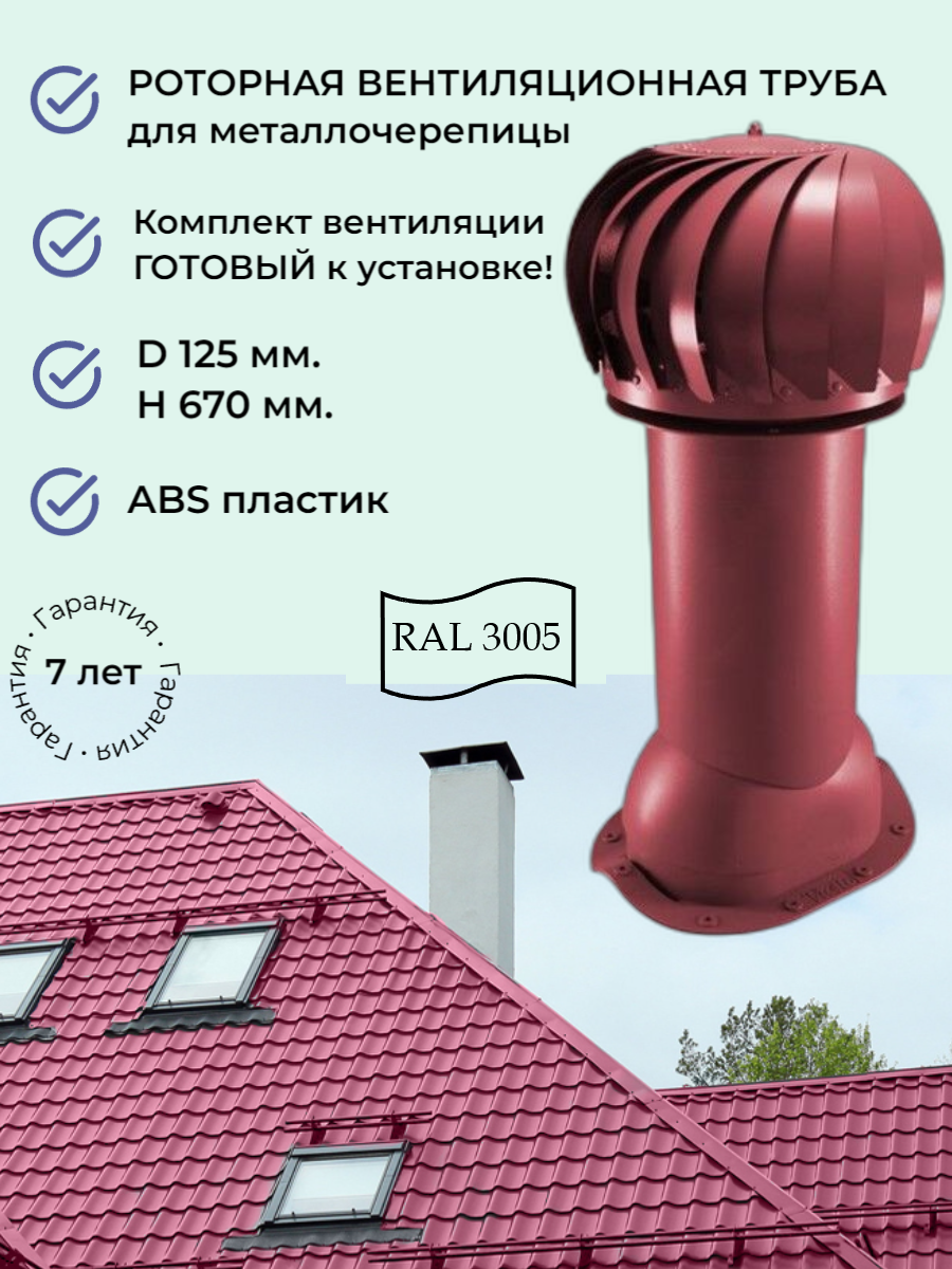 Роторный вентиляционный выход для металлочерепицы монтеррей 150/125 мм, утепленный, Viotto RAL 3005 вишневый