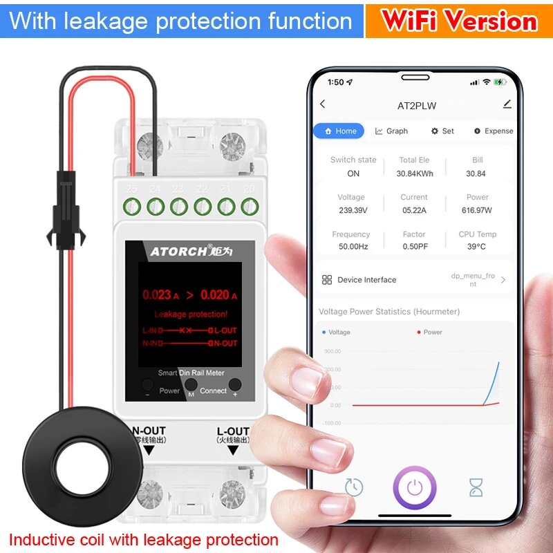 ATORCH AT2PW/L Предохранительный выключатель Wi-Fi 100A
