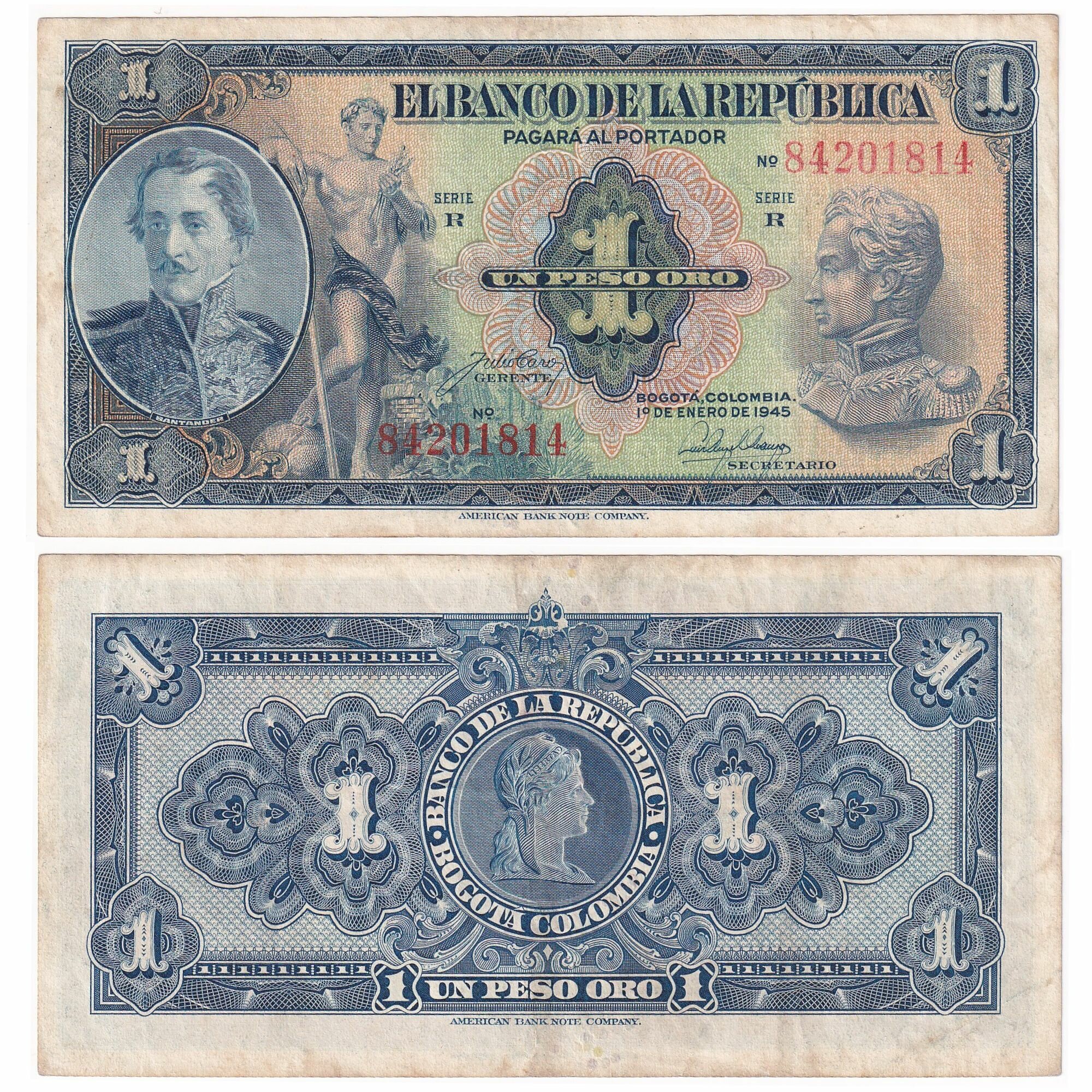 Банкнота Колумбия 1 песо 1945 год Very Fine (VF) Pick 380d
