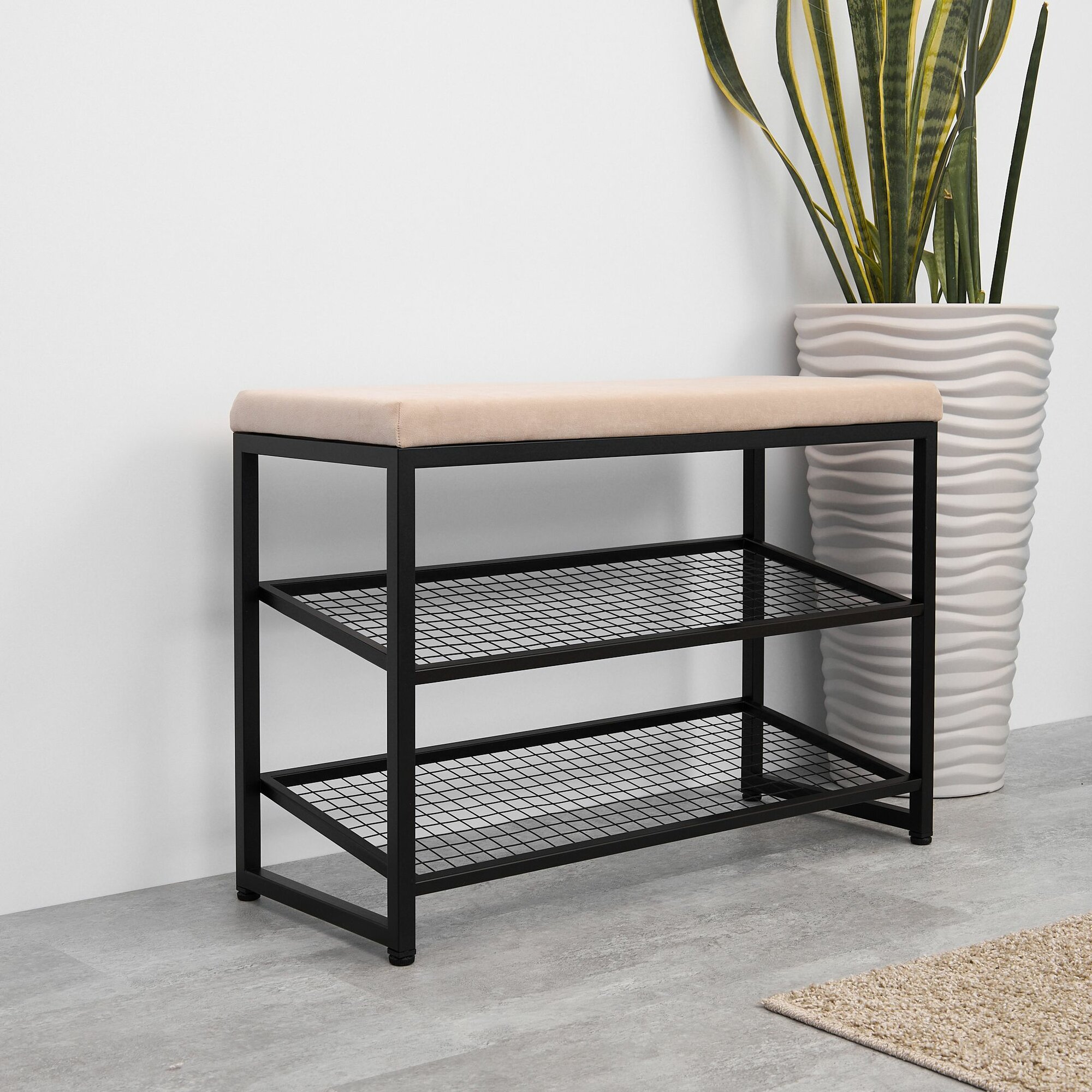 Обувница с мягким сиденьем "Энни" / 75х30х52см / черный каркас - светло-бежевый велюр