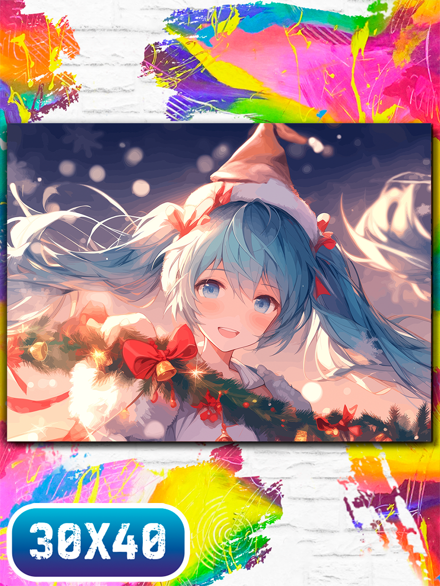 Картина по номерам на холсте новый год мику хацунэ (праздники, рождество, вокалоид, аниме) - 15858 Г 30х40
