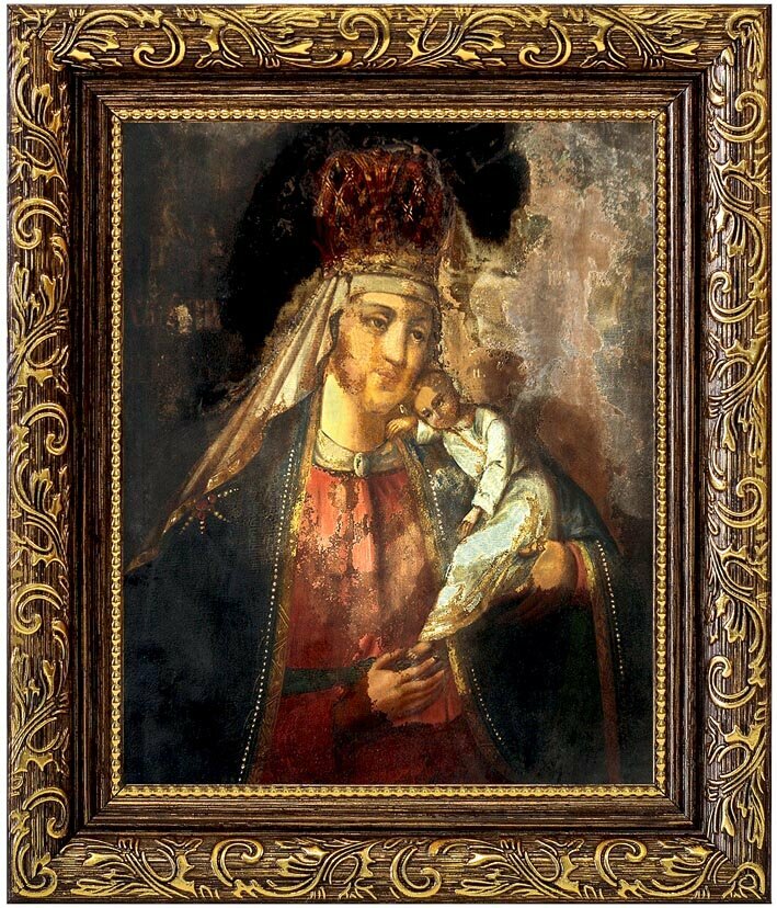 Икона Божией Матери "Избавление от бед страждущих" (лик № 141), в широкой темной пластиковой рамке 19*22,5 см